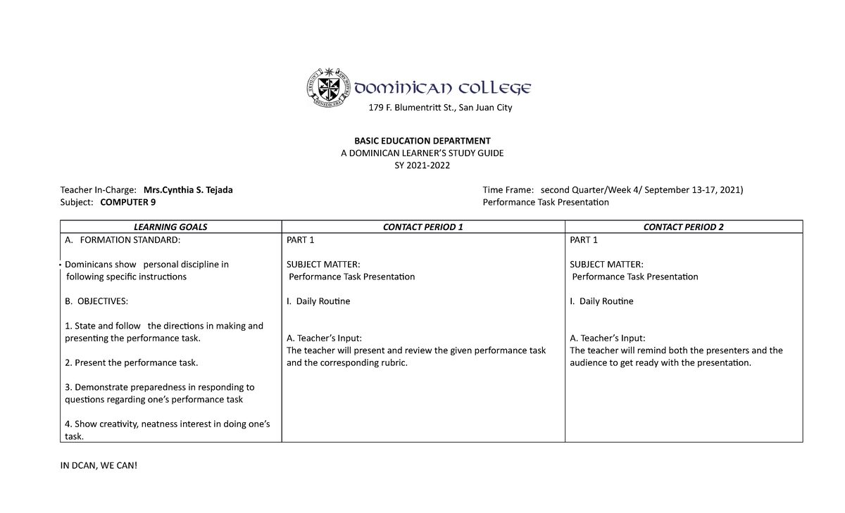 Computer 9 2 Ndqtr WK 4 Ptask - BASIC EDUCATION DEPARTMENT A DOMINICAN LEARNER’S STUDY GUIDE SY ...