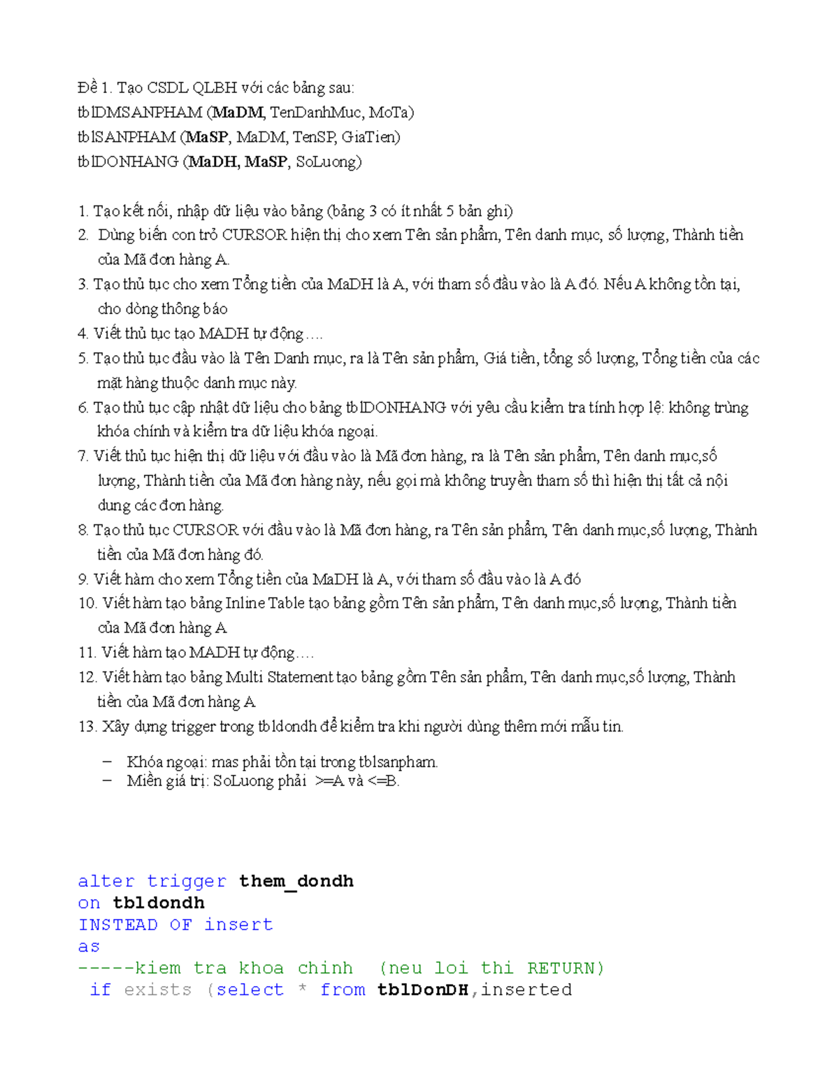 Đề ôn tập 1 - fhdaaaaaaaaaaaaaaaaaaaaaaaaaaaaaaaaaaaa - Đề 1. Tạo CSDL QLBH với các bảng sau ...