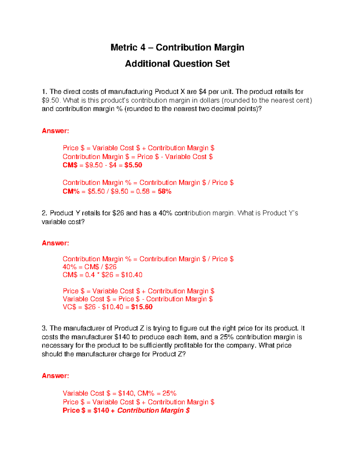 Metric 4 - Additional Question Set - Metric 4 – Contribution Margin ...