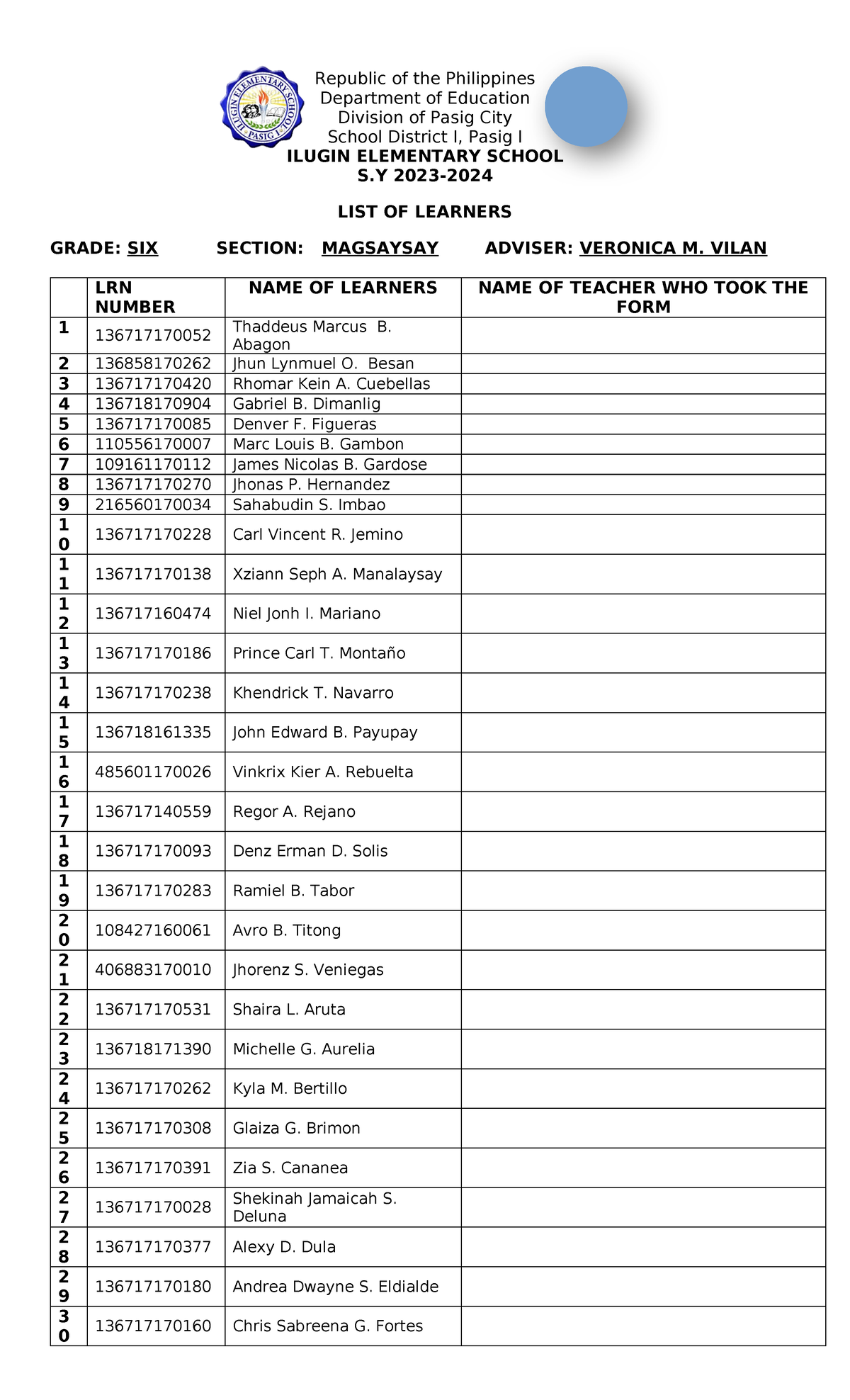 Magsaysay Ilalagay SA Ibabaw NG FORM 137 - Republic of the Philippines ...
