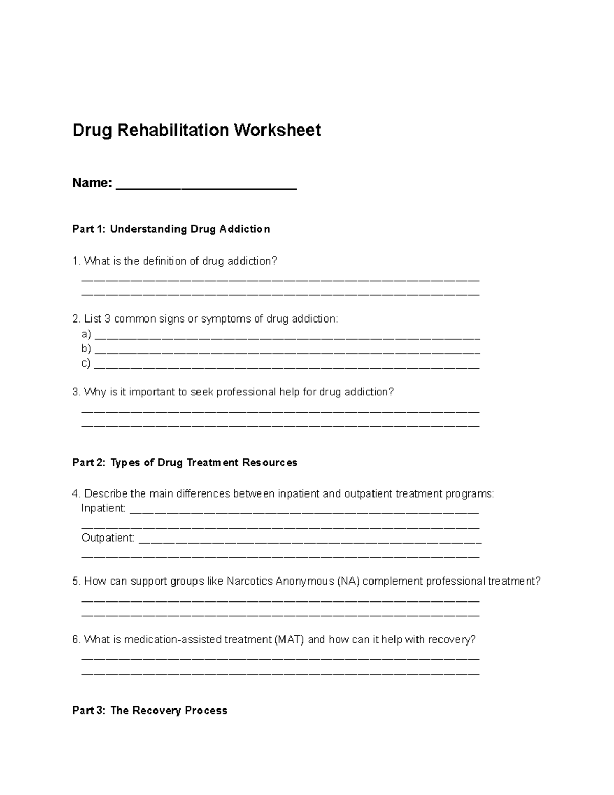 Drug Rehab Worksheet - Quick activity for students - Drug ...
