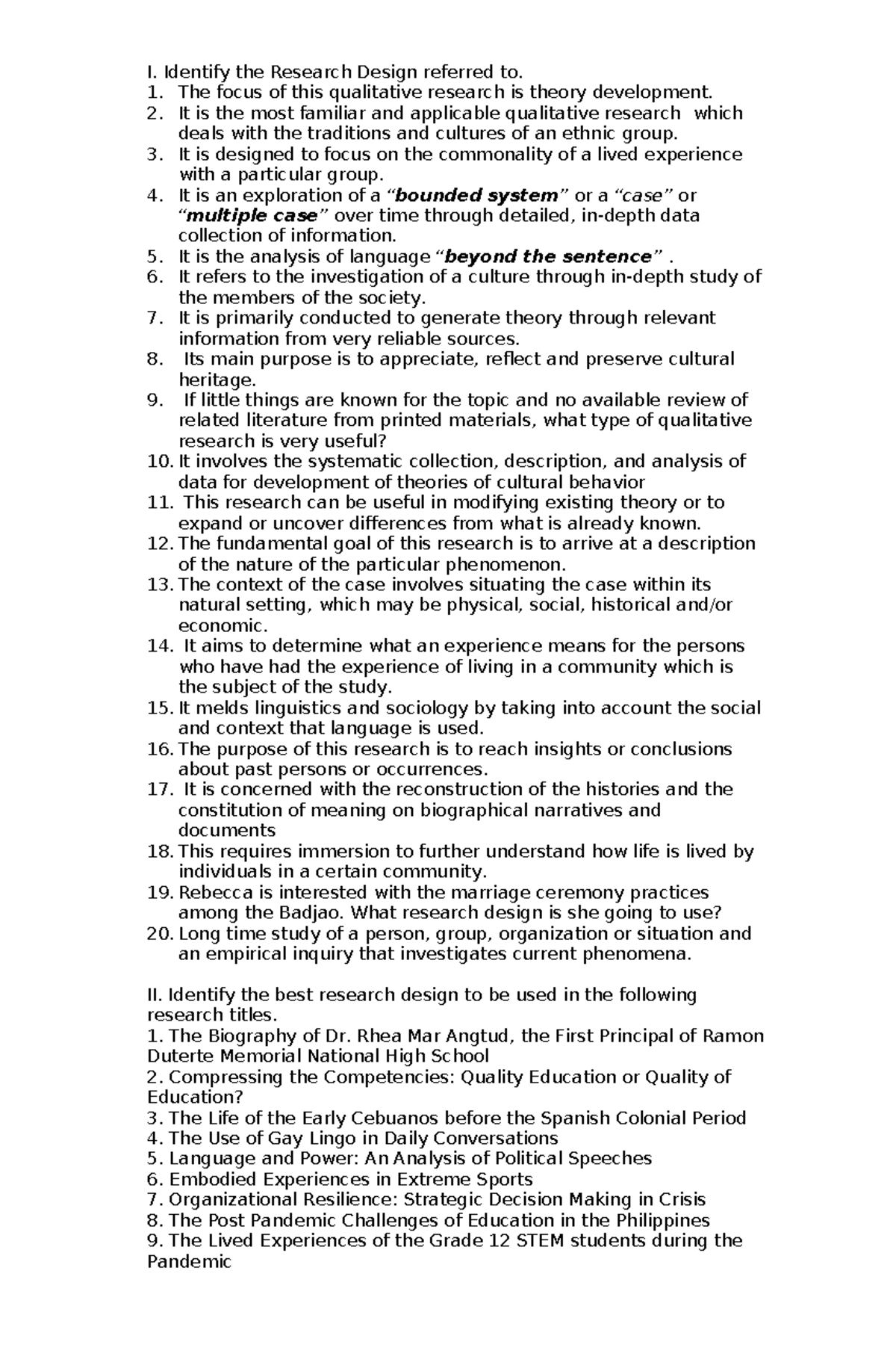 Activity Research Designs - I. Identify the Research Design referred to ...