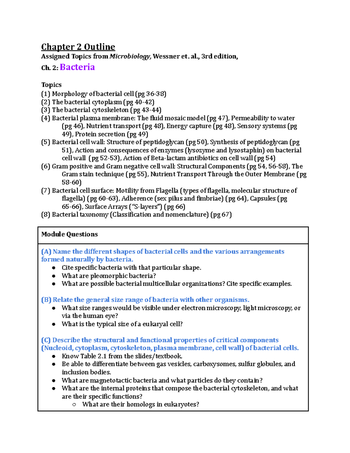 Chapter 2 Outline “Bacteria - Chapter 2 Outline Assigned Topics from ...