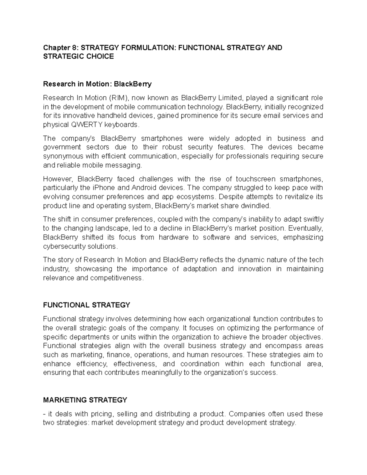 Chapter 8 Strategy Formulation Functional Strategy AND Strategic Choice ...