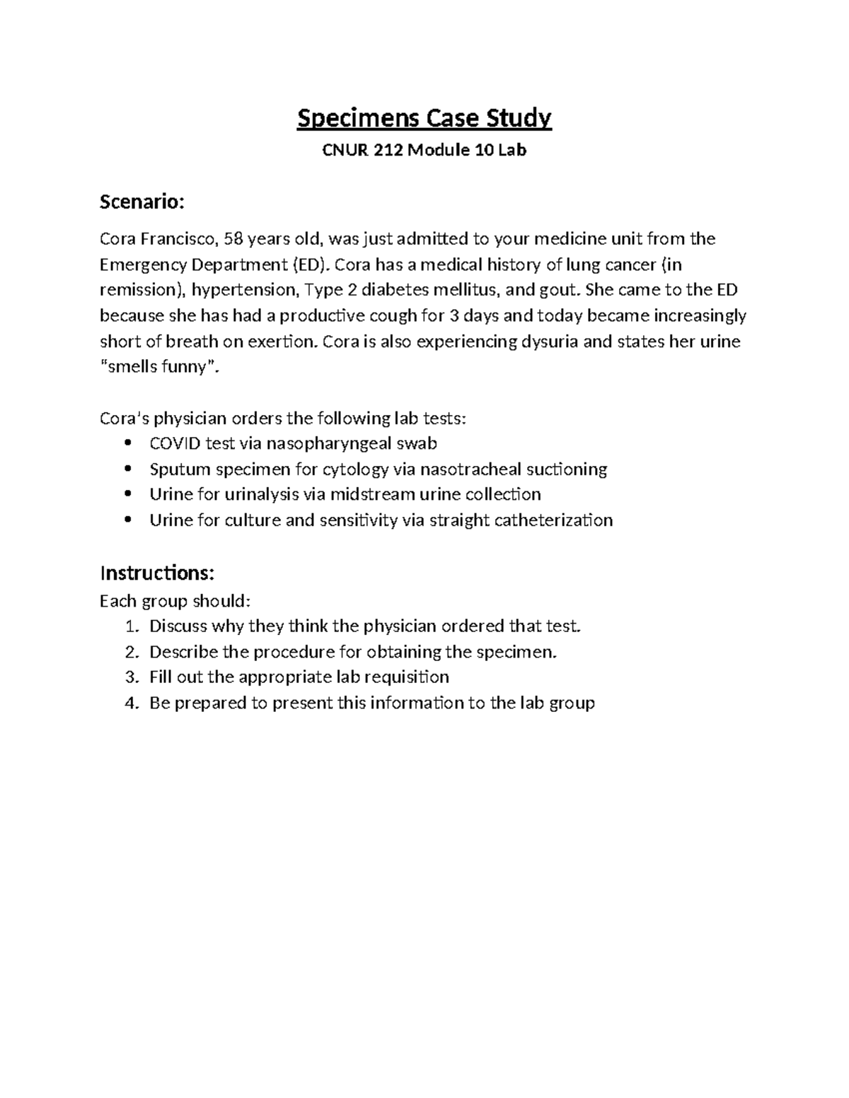 Specimens Case Study - Lab work - Specimens Case Study CNUR 212 Module ...