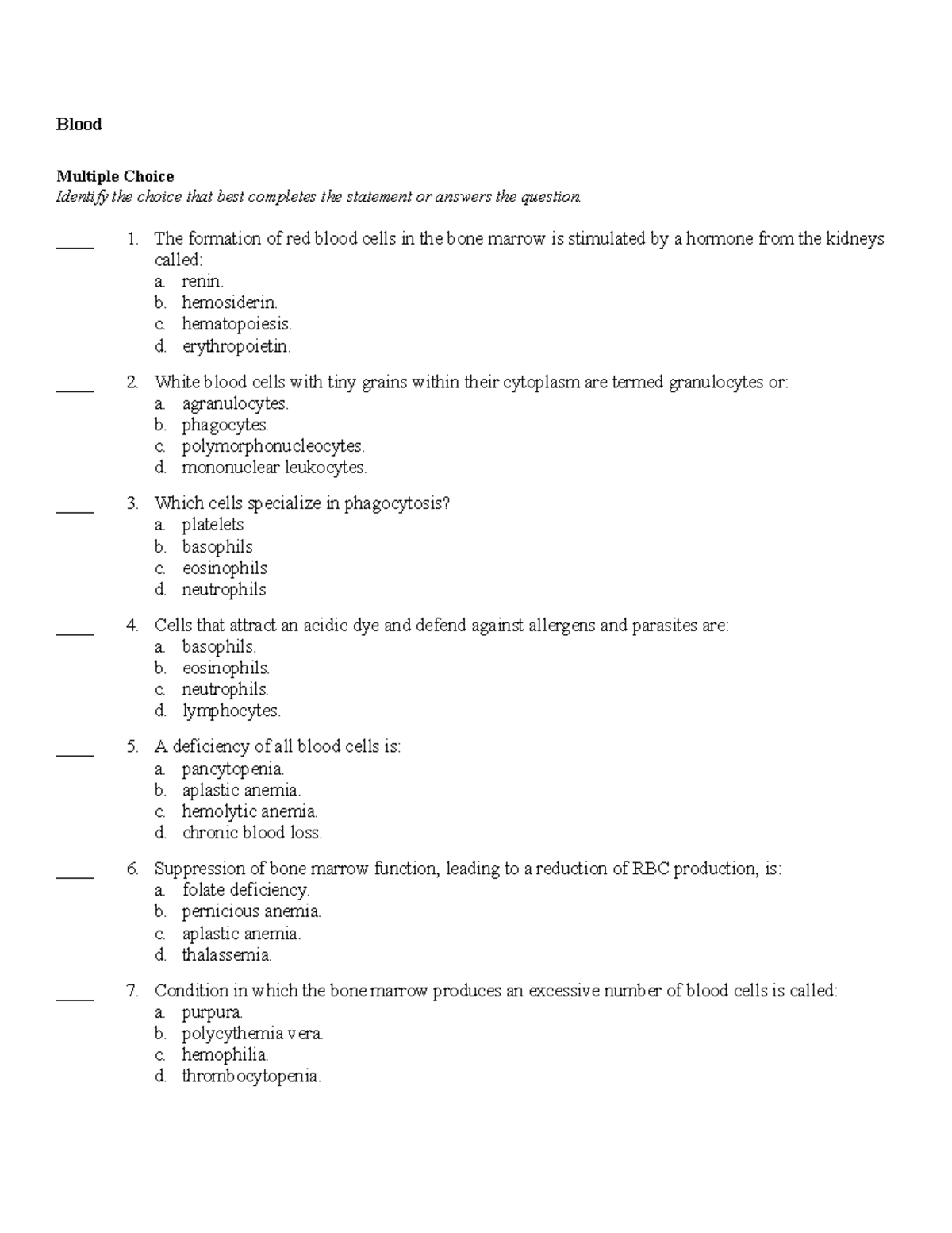 Blood 255 Practice quiz with Answer key - Blood Multiple Choice ...