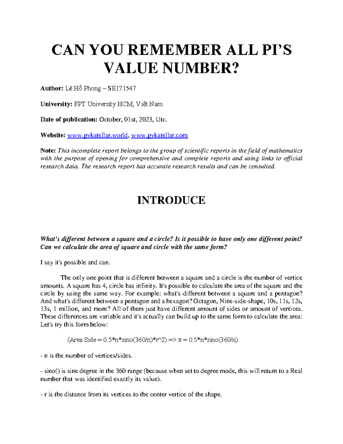 Secret Of Pi - Le Ho Phong - SE171547 - Introduction - CAN YOU REMEMBER ...