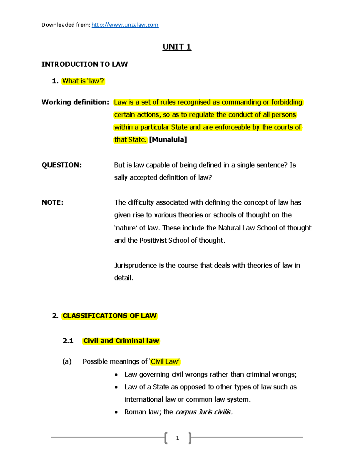 Legal Process Lecture Notes (ed) - UNIT 1 INTRODUCTION TO LAW 1. What ...
