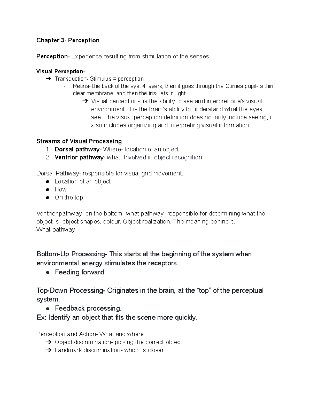Psyc 258 Chapter 3&4 - Chapter 3- Perception Perception- Experience resulting from stimulation ...