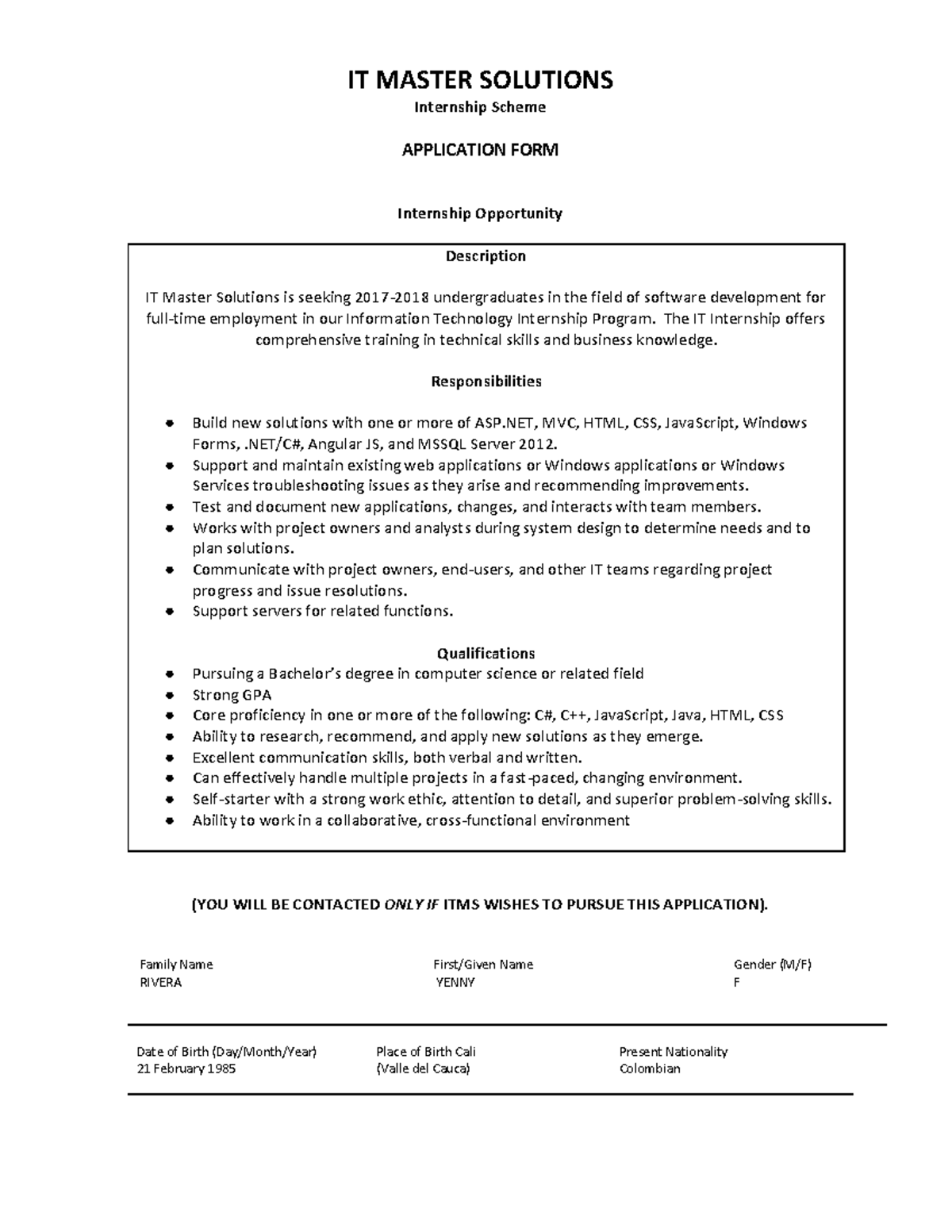 Formato Inter shipn applicationnform - IT MASTER SOLUTIONS Internship Scheme APPLICATION FORM ...