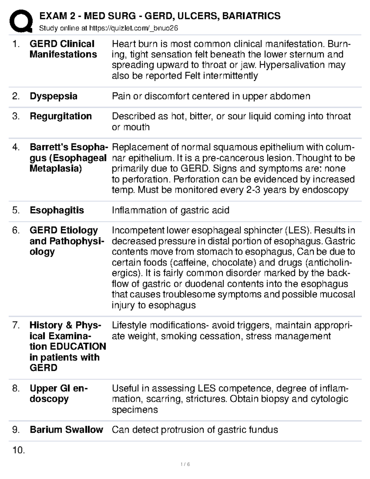 EXAM 2 - MED SURG - GERD, Ulcers, Bariatrics - Study online at quizlet ...