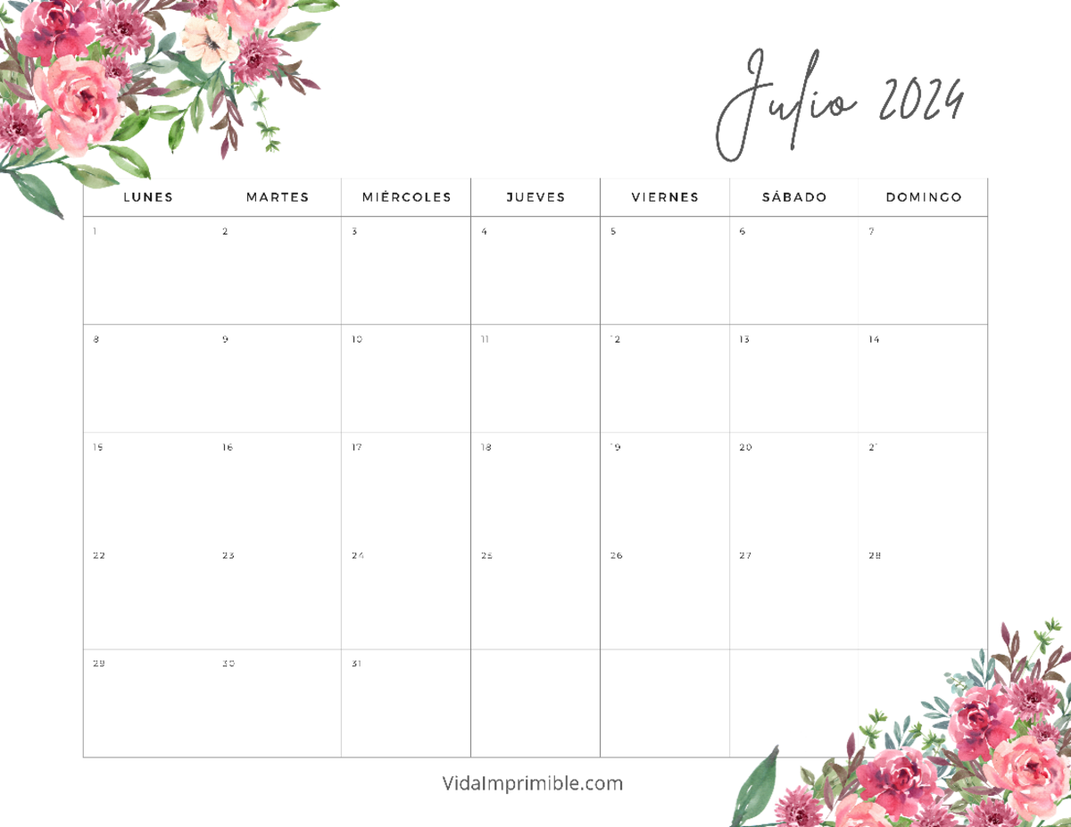 Lindo Calendario Flores Julio 2024 - Educacion Y Desarrollo Humano ...