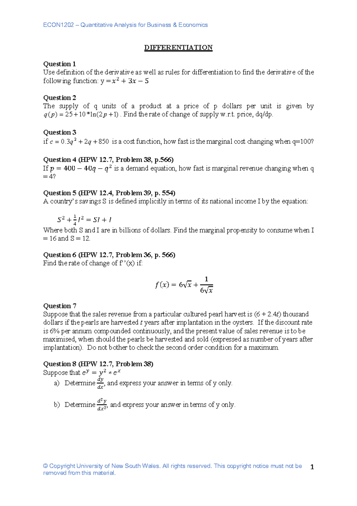Differentiation - ECON1202 – Quantitative Analysis for Business & Economics © Copyright - Studocu
