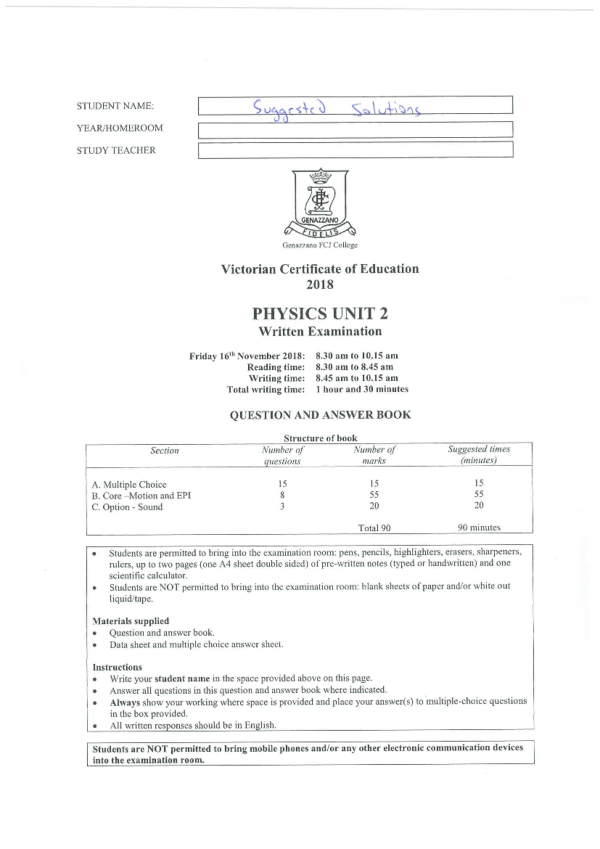2018 Physics Unit 2 Exam Solns - STUDENT NAME: Suggested Solutions ...