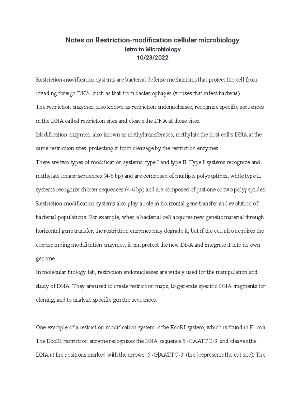 Notes on Restriction-modification cellular microbiology - The ...