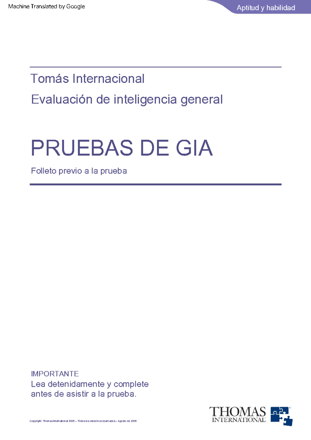 Gia-pre-test - Thomas GIA Test (Inglés) 2023 - Aptitud y habilidad ...