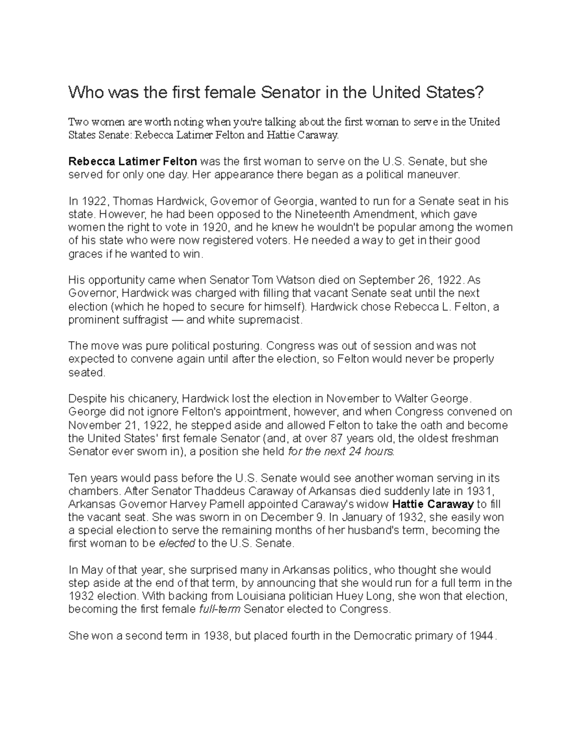 12 - notes - Who was the first female Senator in the United States? Two ...