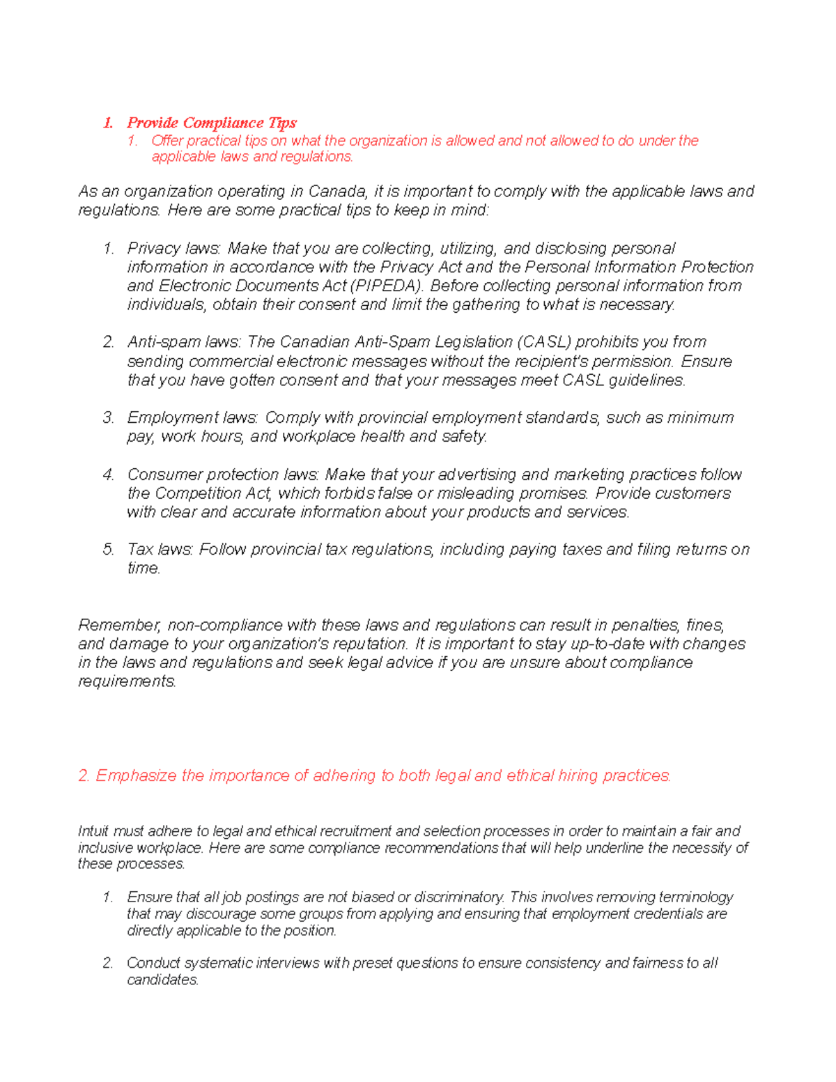 Staffing Assignment #4 - 1. Provide Compliance Tips 1. Offer practical ...