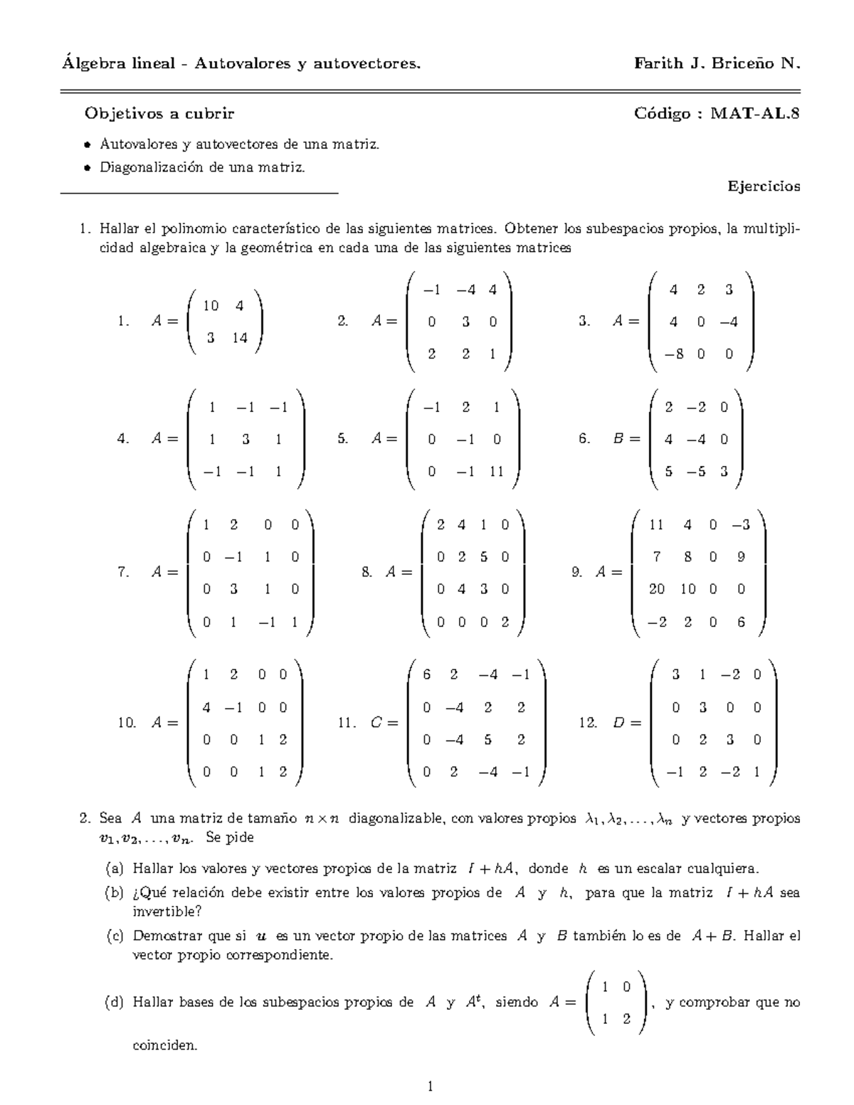 Farith 9 - Algebra lineal - Autovalores y autovectores. ́ Farith J ...