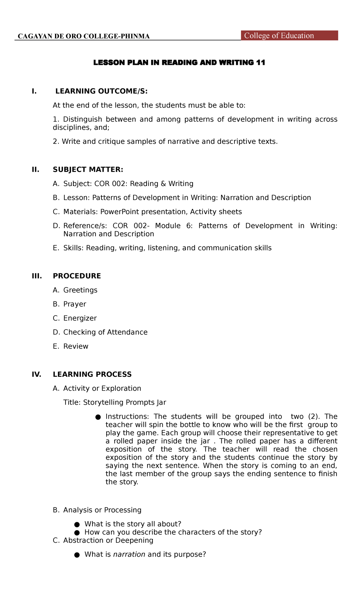 4As Lesson Plan COR 002 Bendijo - LESSON PLAN IN READING AND WRITING 11 ...