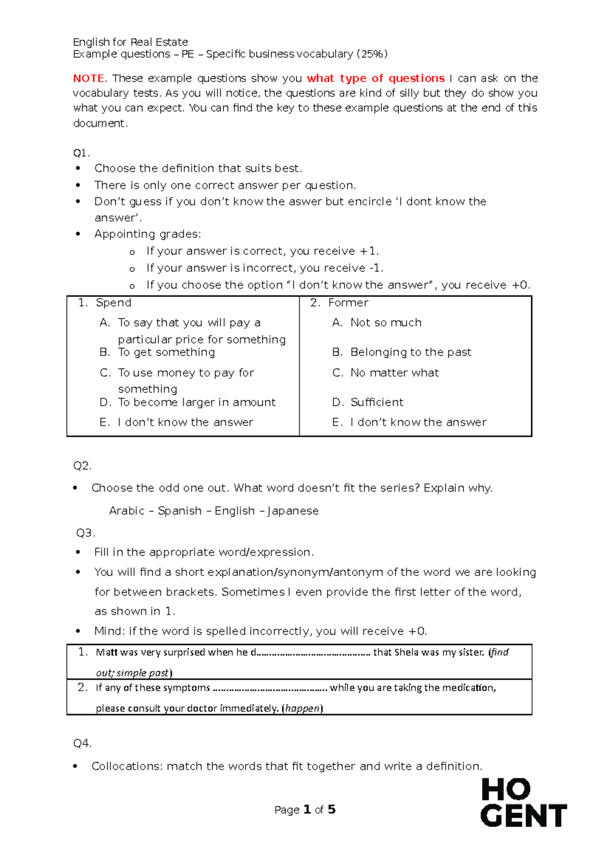 PE - Vocabulary - Example questions incl - Example questions – PE ...