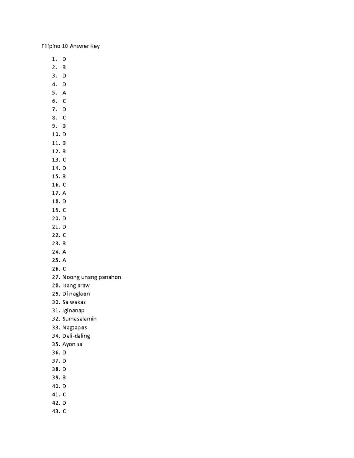 1st Quarter Exam in Filipino 10 Answer Key - Filipino 10 Answer Key D B ...