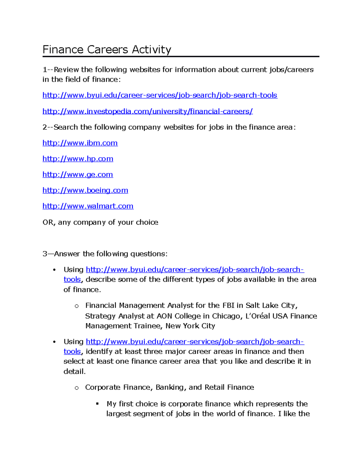 Finance Careers Activity - Finance Careers Activity 1-Review the ...