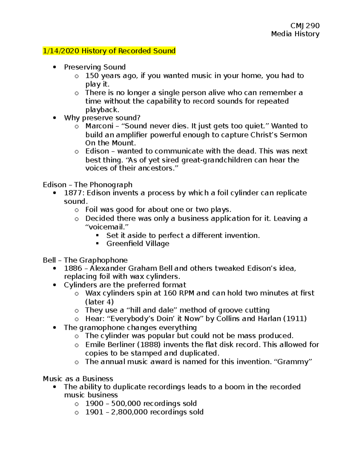 1:14:2020 History of Recorded Sound - Media History 1/14/2020 History ...
