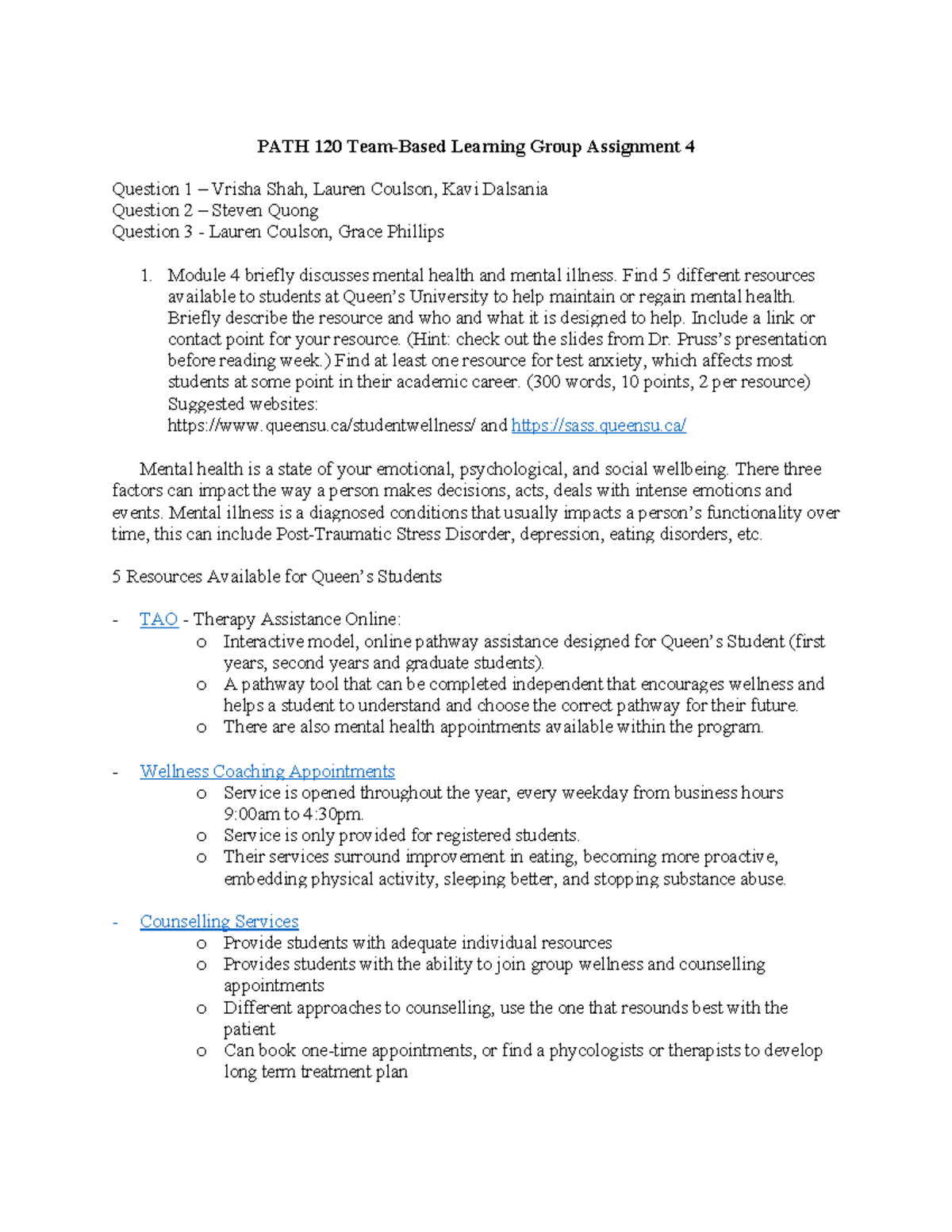 Path group assignment - PATH 120 Team-Based Learning Group Assignment 4 Question 1 – Vrisha Shah ...