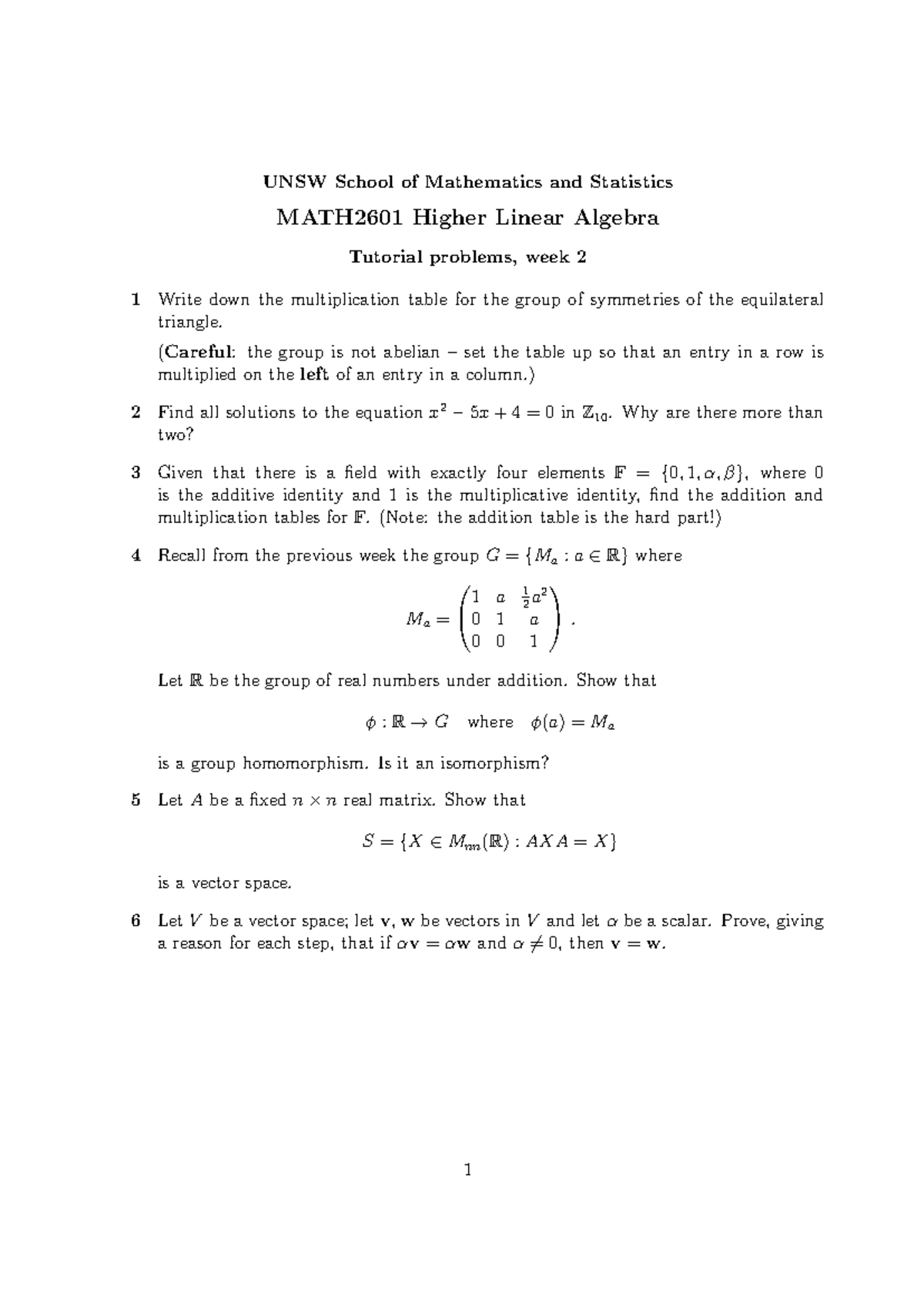 MATH2601 Week 2 Tutorial Problems - Higher Linear Algebra - UNSW School ...