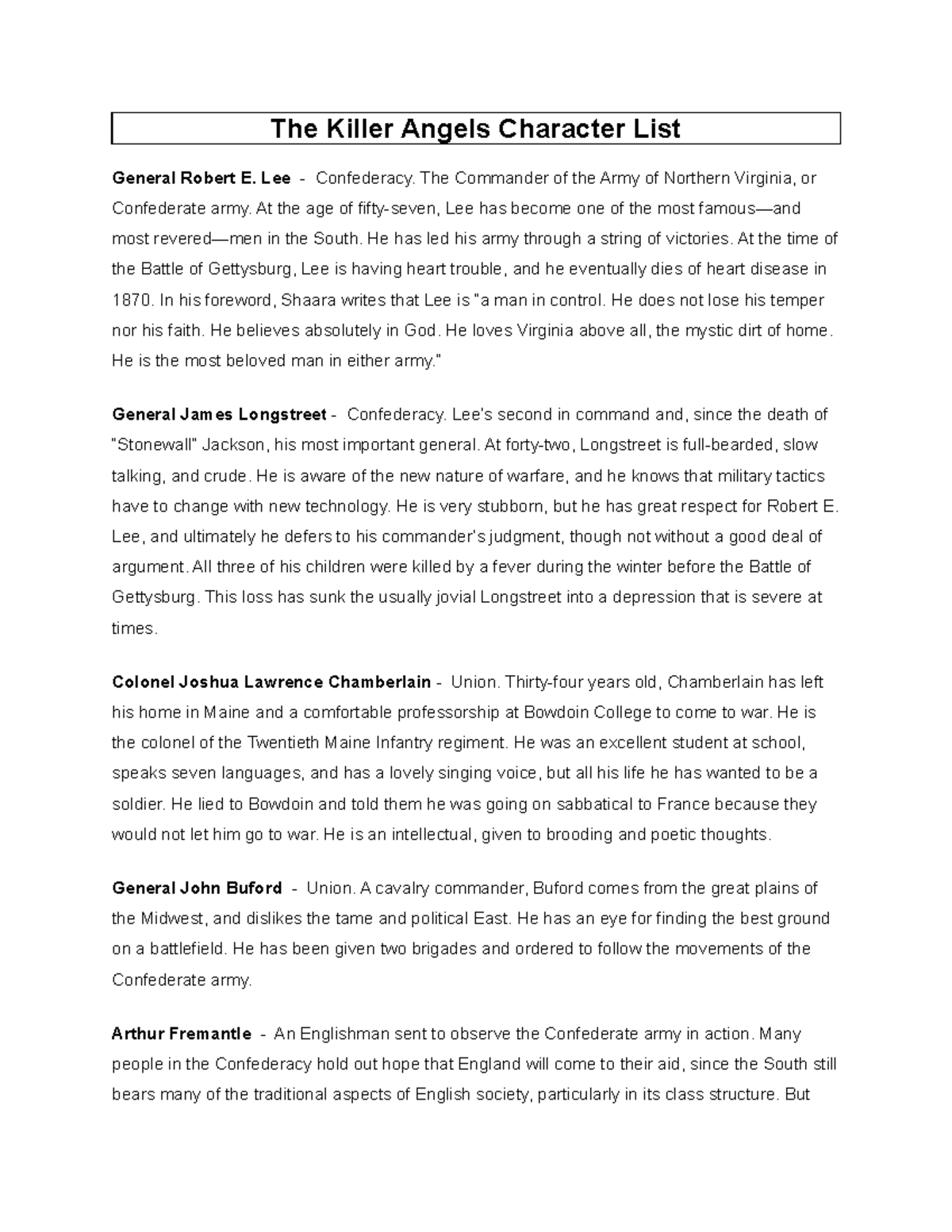 The Killer Angels Character List - Lee Confederacy. The Commander of ...