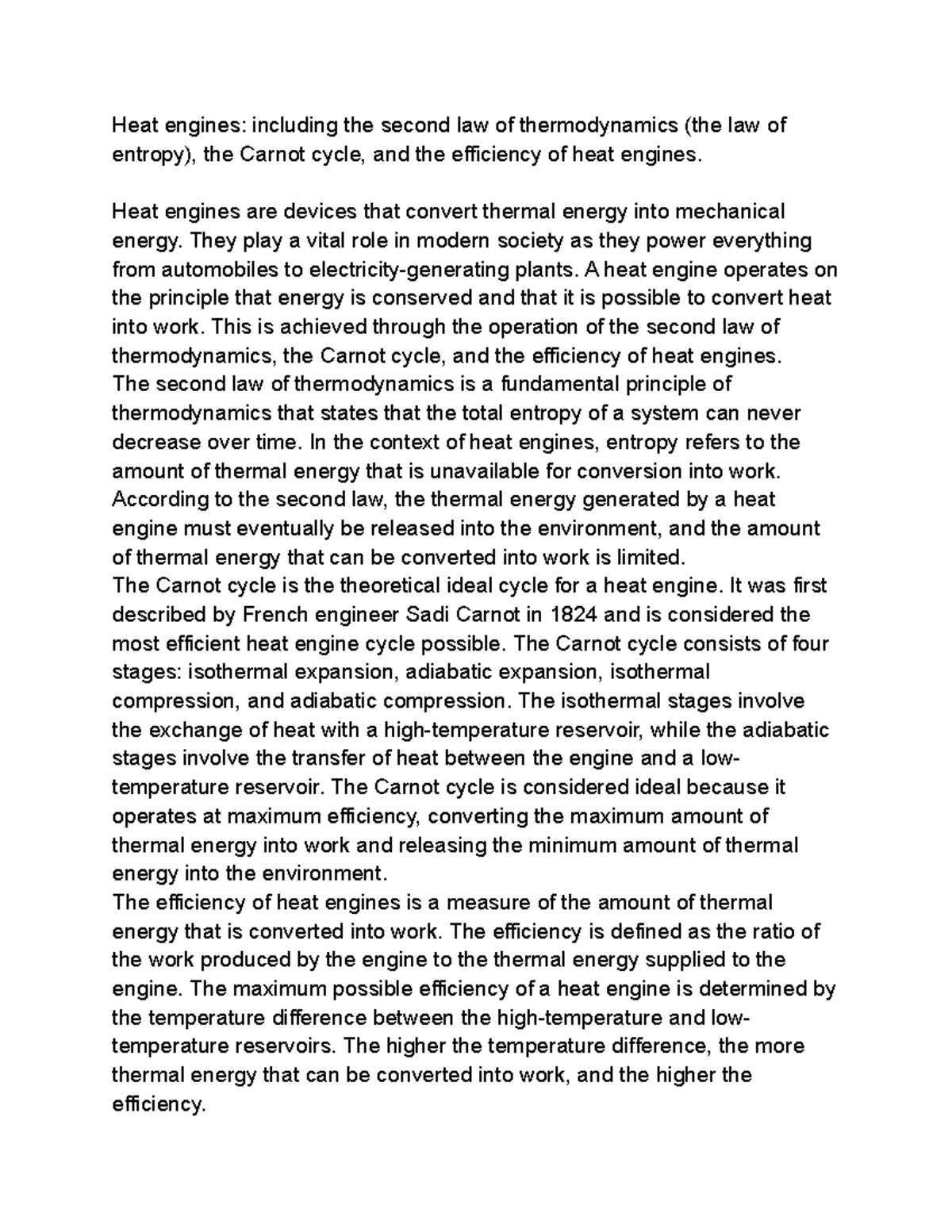 Heat engines including the second law of thermodynamics (the law of ...