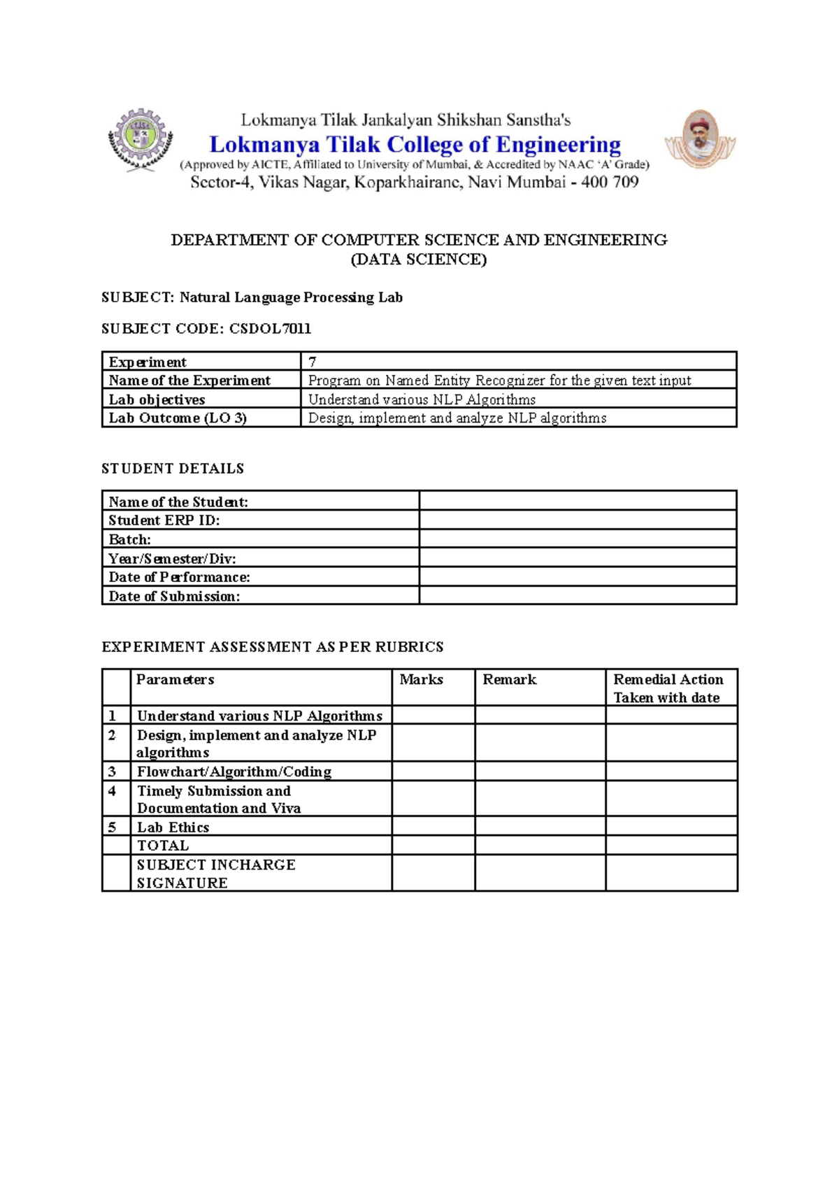 Nlp789 - practical front page - DEPARTMENT OF COMPUTER SCIENCE AND ...