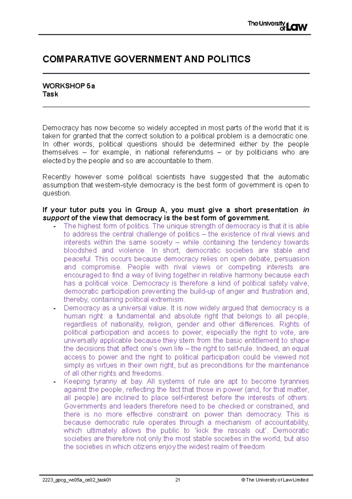 Workshop tasks - COMPARATIVE GOVERNMENT AND POLITICS WORKSHOP 5a Task ...