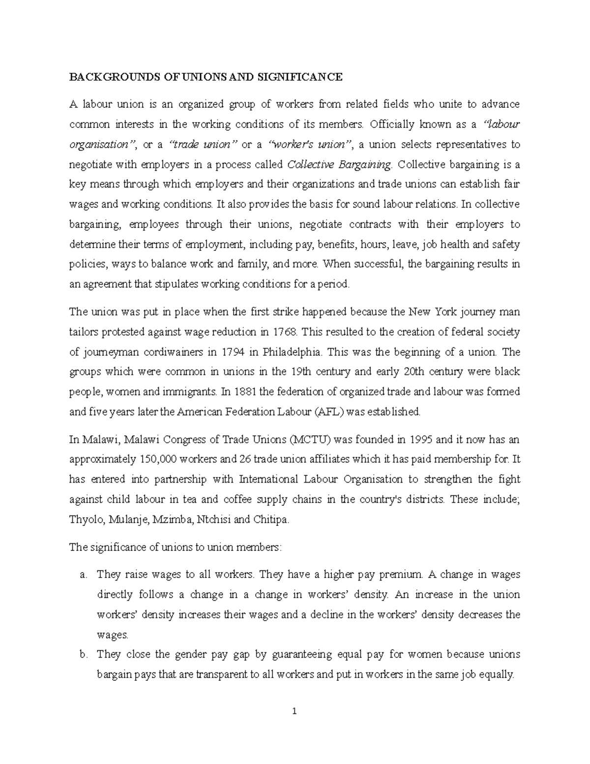 1. Backgrounds OF Unions AND Significance - BACKGROUNDS OF UNIONS AND ...