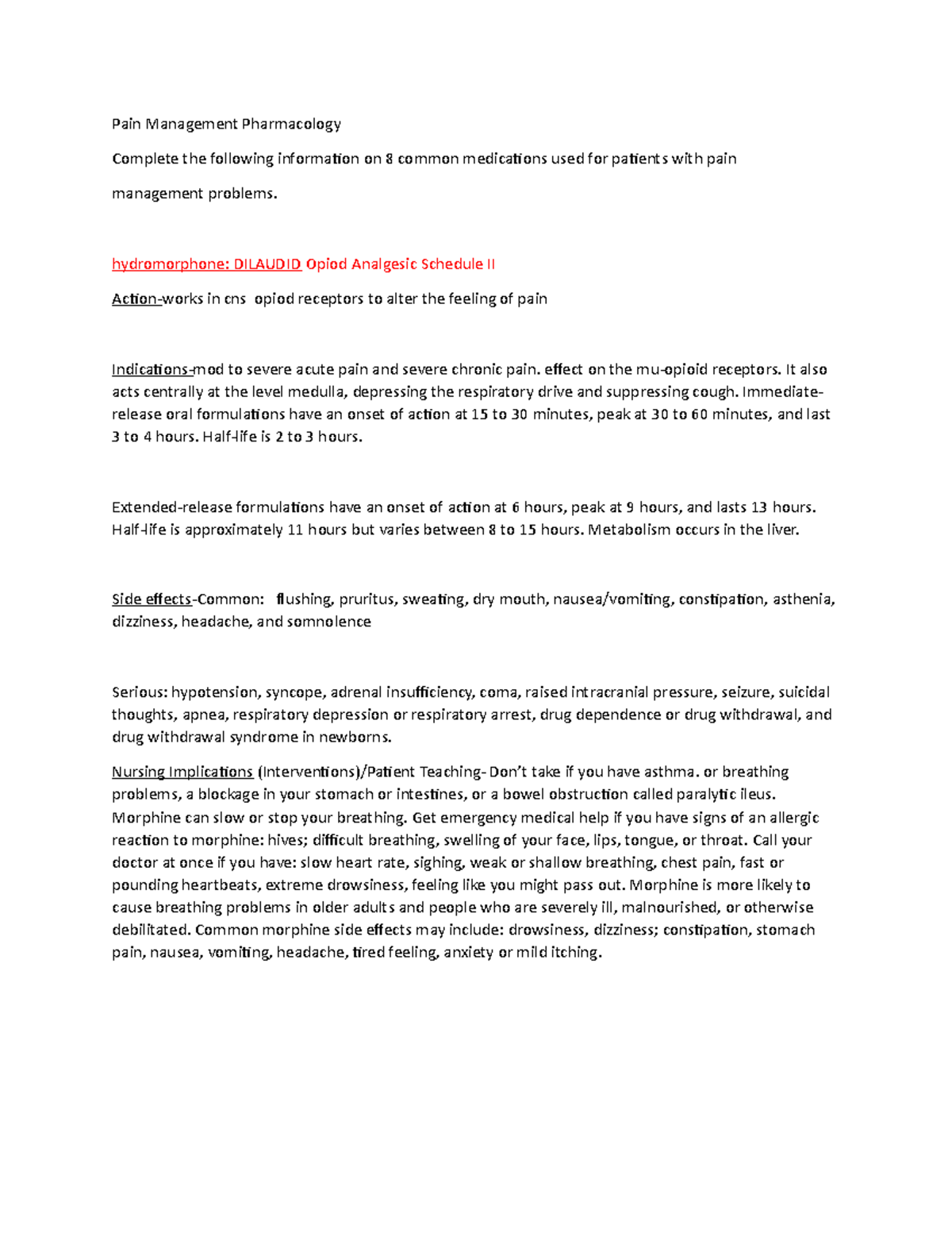 Mod 1 pain med study sheet - Pain Management Pharmacology Complete the ...