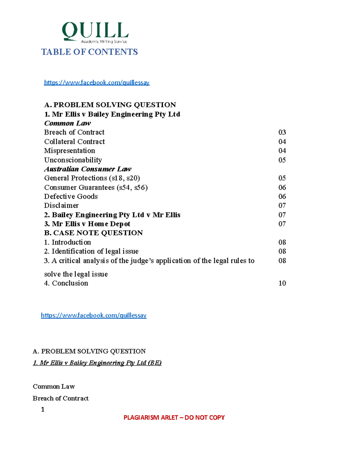 Commercial law - A3 Sample - TABLE OF CONTENTS facebook/quillessay A ...