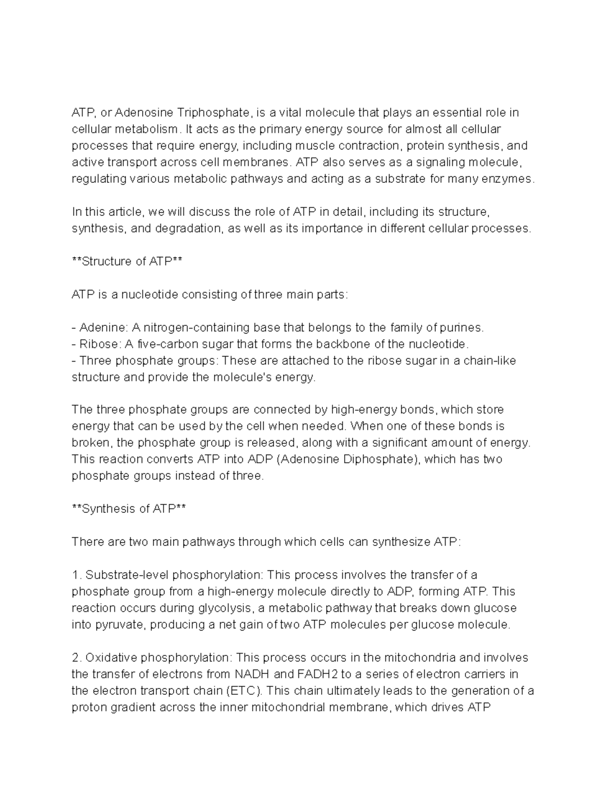 Unit 0 - Explain what role ATP plays in the cell - ATP, or Adenosine ...