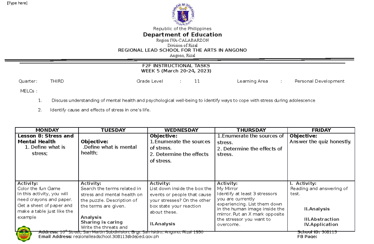 Per Dev WLP Week 6 - LEARNING PLAN IN PERSONAL DEVELOPMENT - [Type here] Republic of the ...