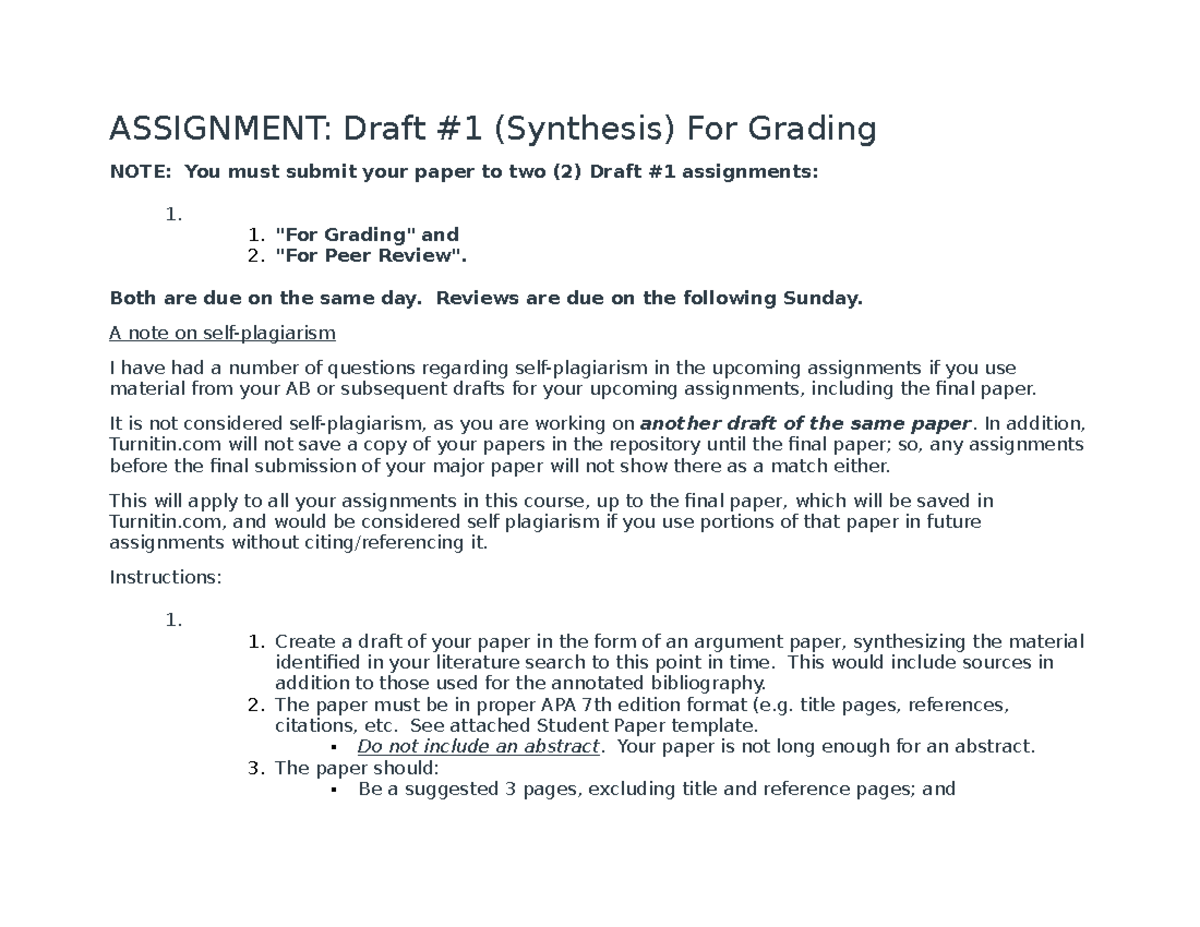 Assignment- Draft #1 (Synthesis) For Grading - ASSIGNMENT: Draft #1 ...
