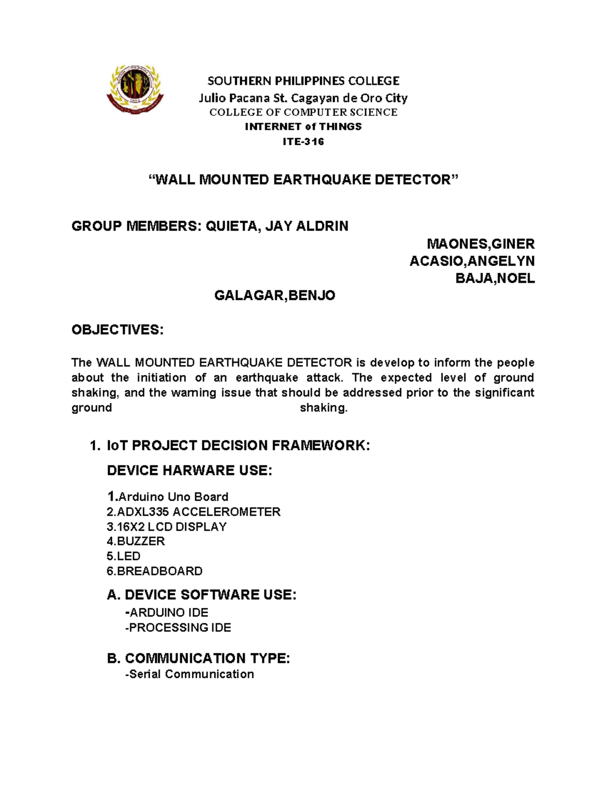 IOT Project DOCU - SOUTHERN PHILIPPINES COLLEGE Julio Pacana St ...