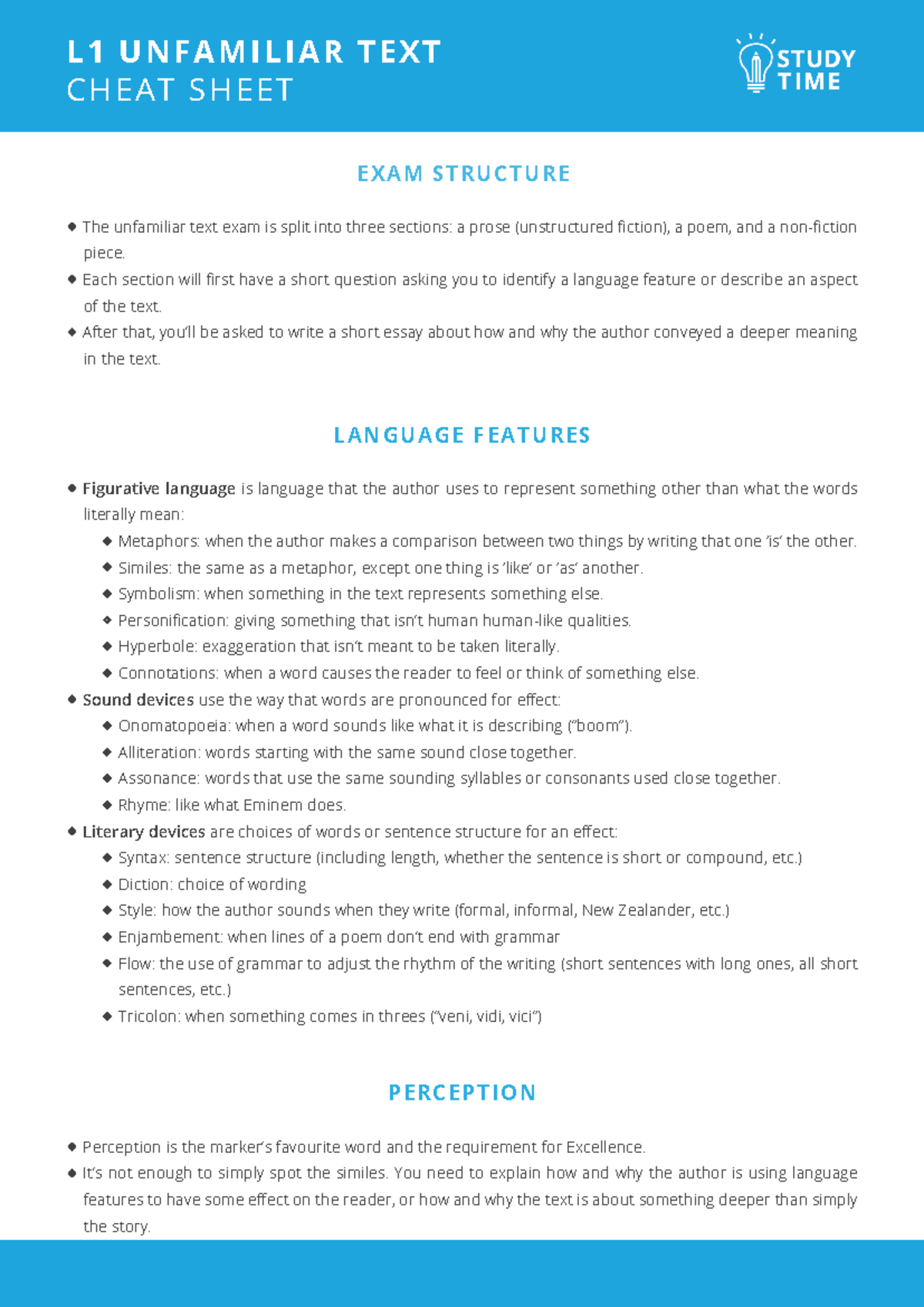 Unfamiliar text cheat sheet - L1 UNFAMILIAR TEXT CHEAT SHEET EXA M S T ...