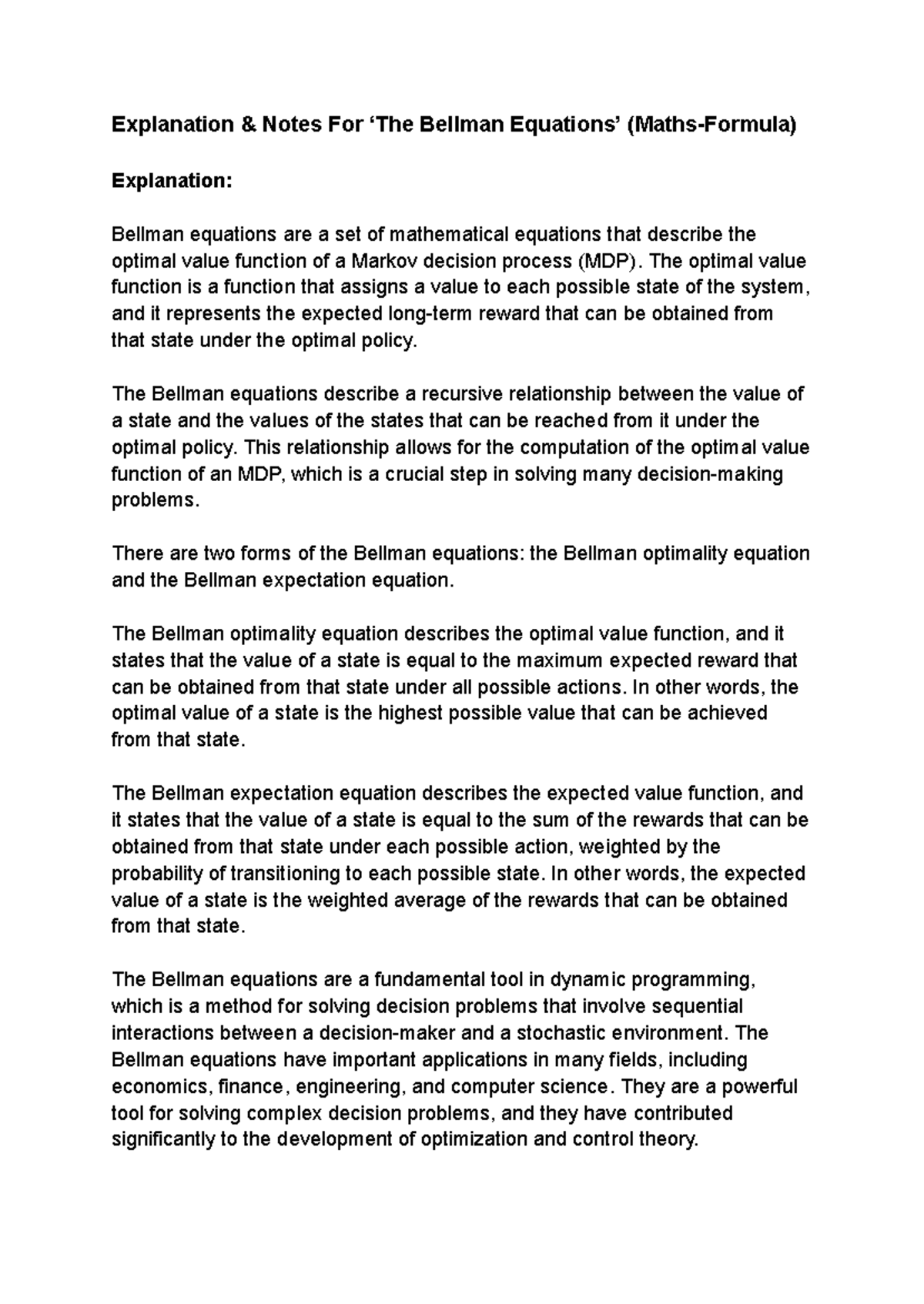 Explanation And Notes For 'The Bellman Equations' (Maths-Formula ...