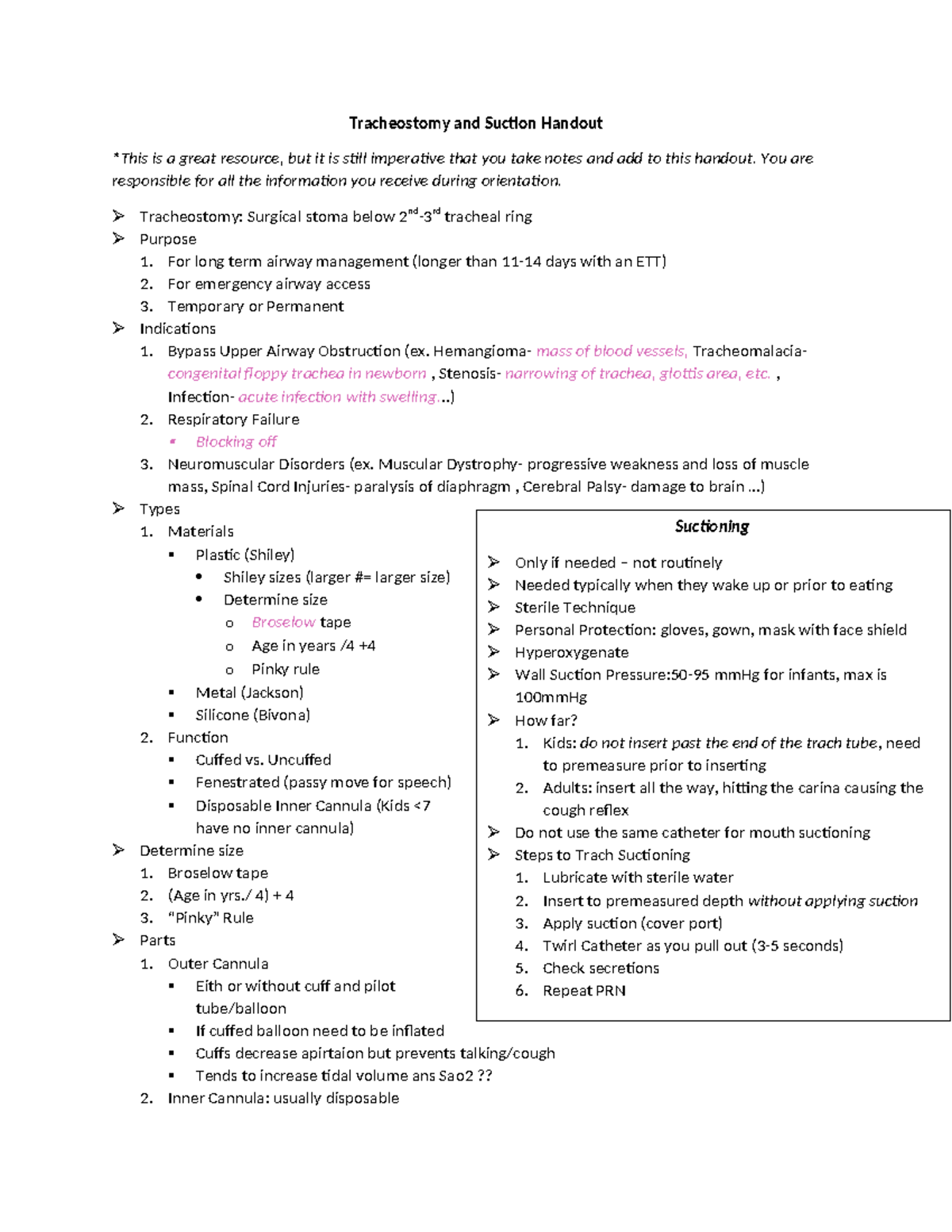 Trach and Suction Handout-1 - Tracheostomy and Suction Handout *This is ...