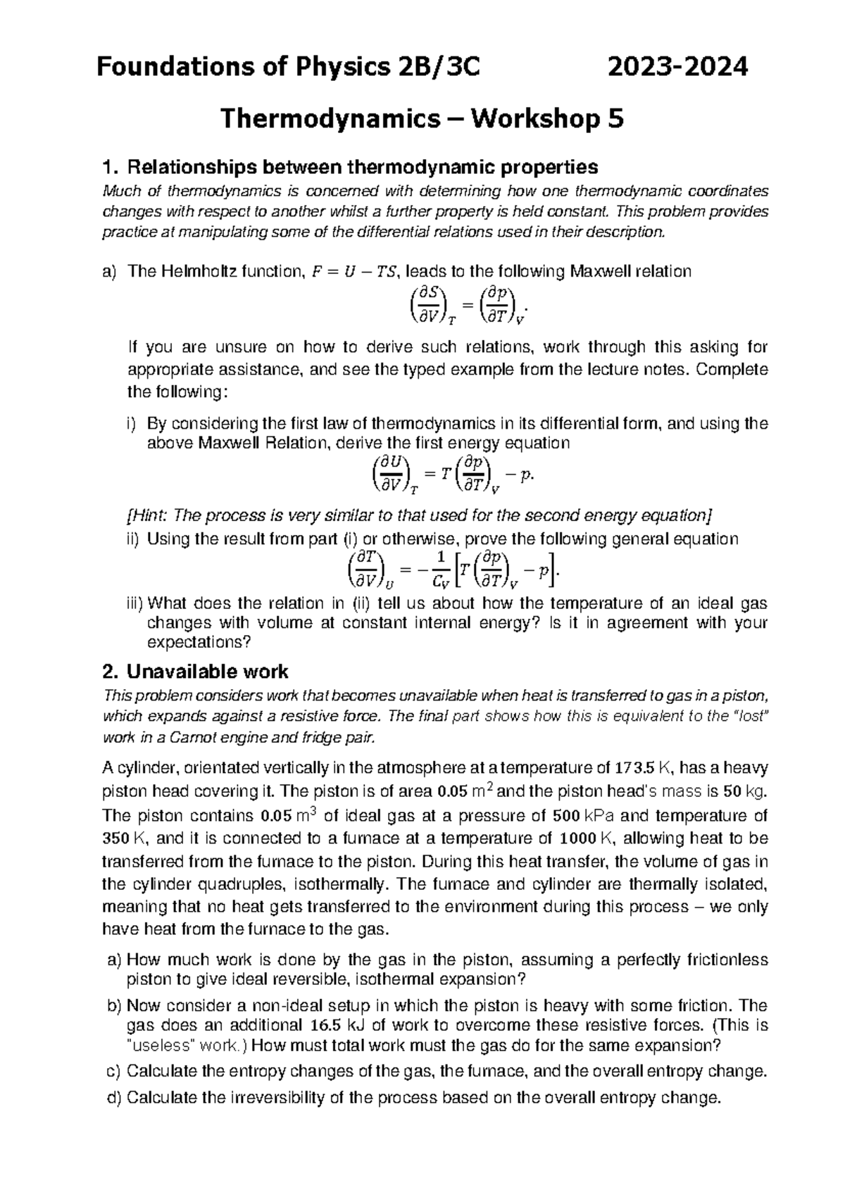Thermo 2023-2024 Workshop 5-1 - Foundations of Physics 2B/3C 2023 ...