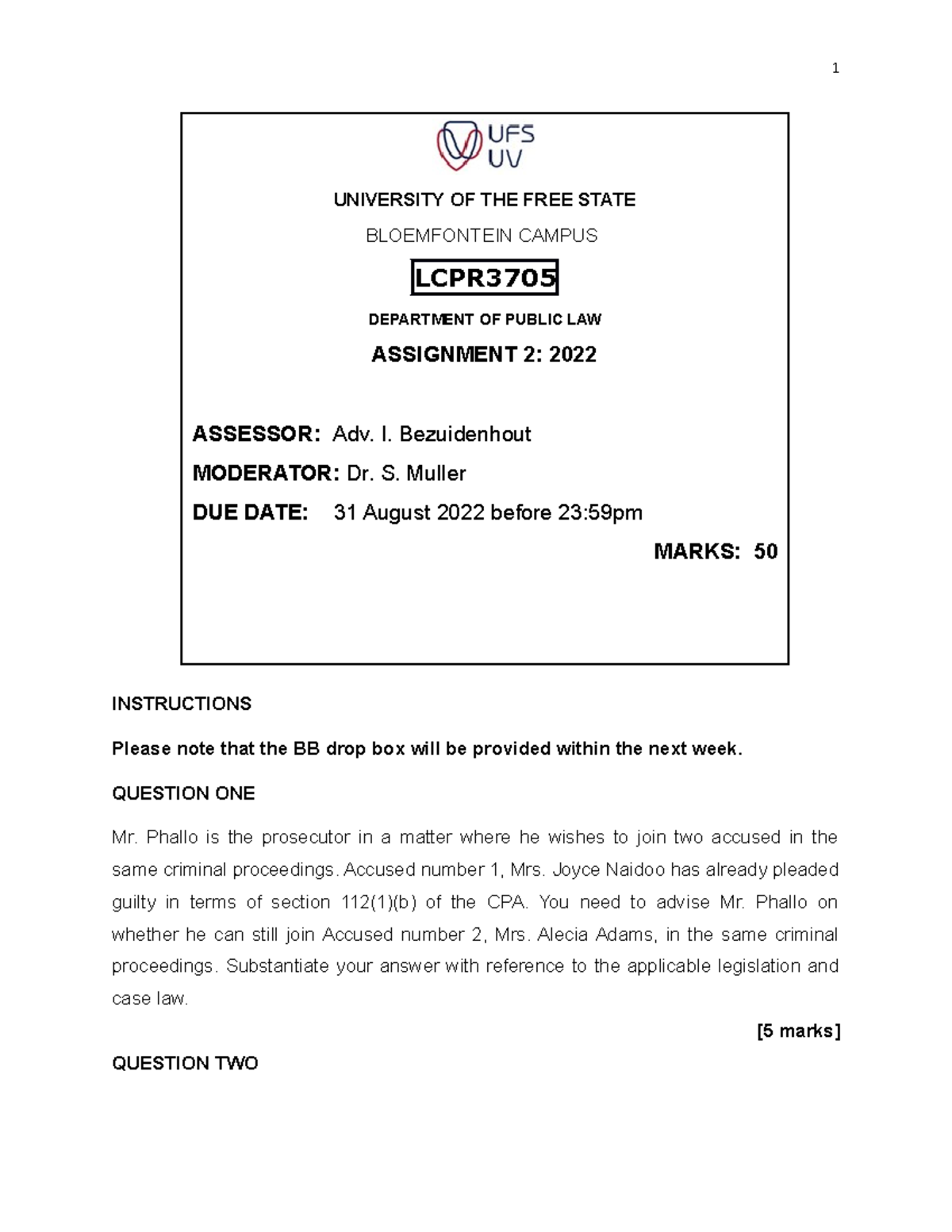 LCPR3705 Assignment 2 of 2022 Instructions - INSTRUCTIONS Please note ...