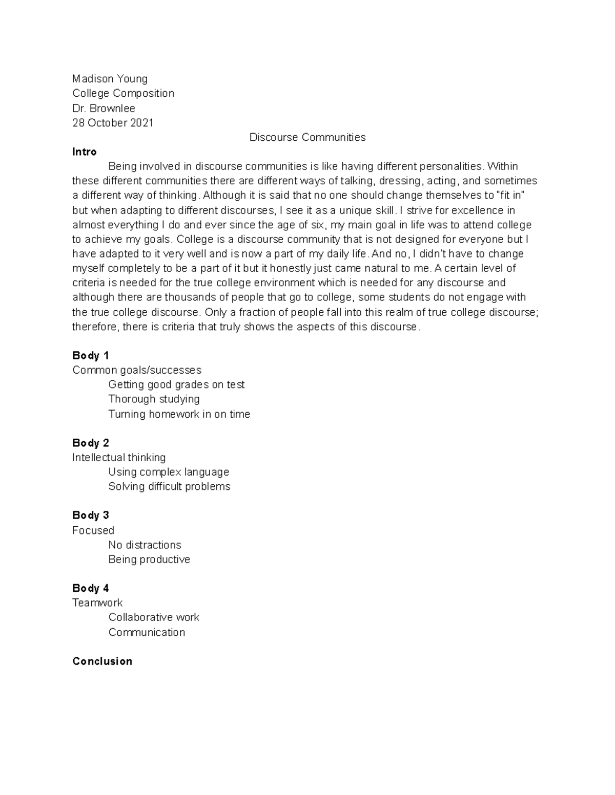 Discourse Communities - Madison Young College Composition Dr. Brownlee ...