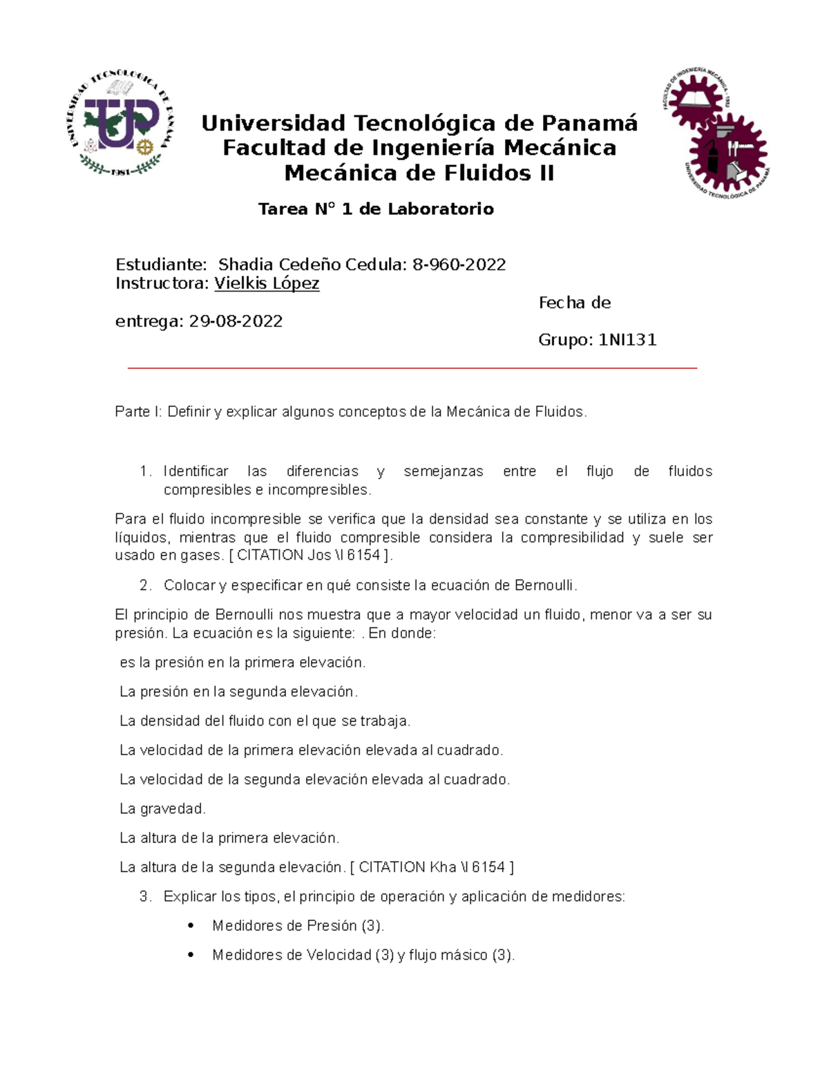 Tarea N°1 de Mecánica de Fluidos II - Universidad Tecnológica de Panamá Facultad de Ingeniería ...