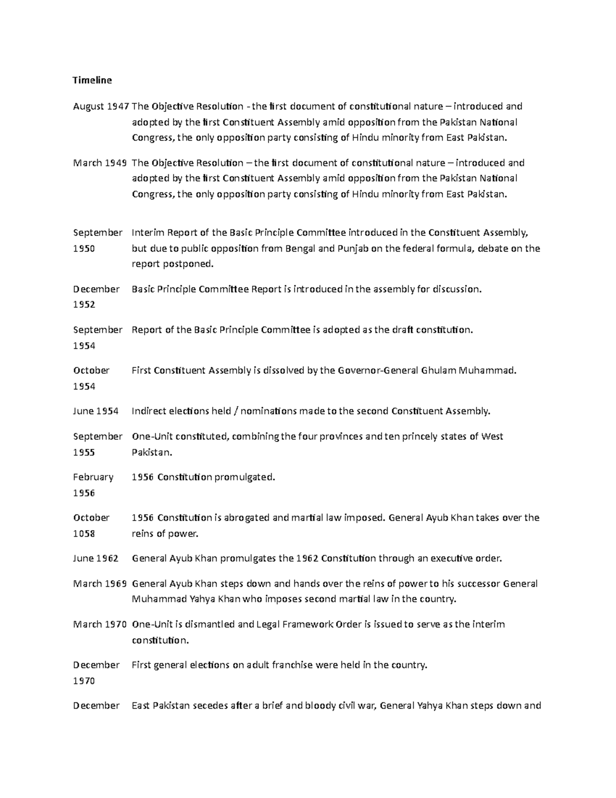 Timeline OF PAK History - Timeline August 1947 The Objective Resolution ...