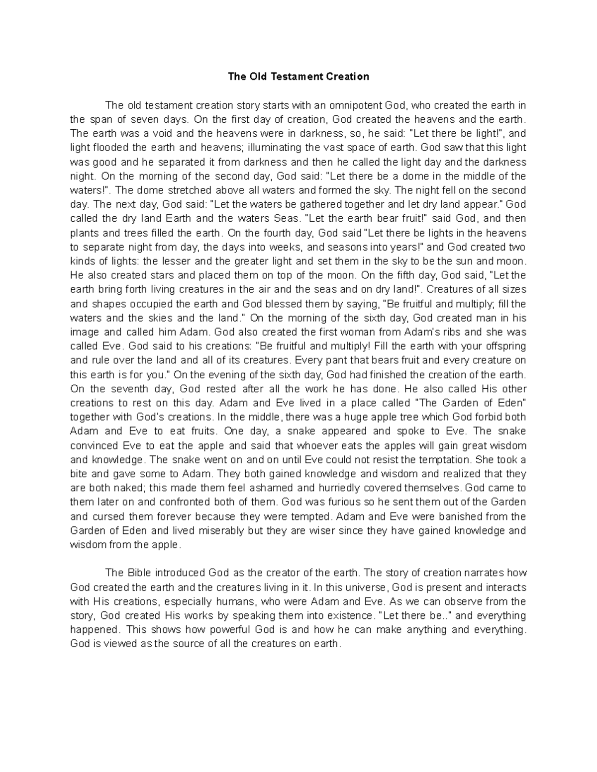 Myth Story - summary - The Old Testament Creation The old testament ...